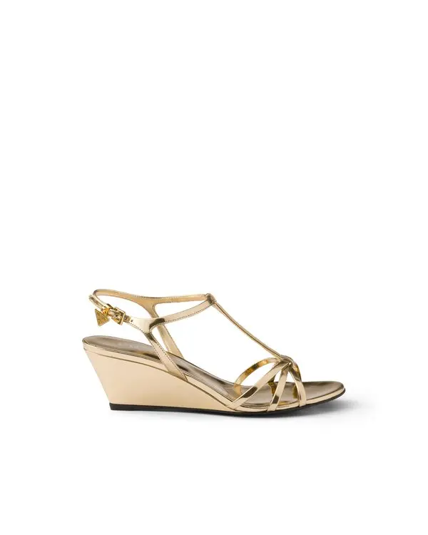 Prada Metallic Leather Wedge Sandals - Gold/silver
