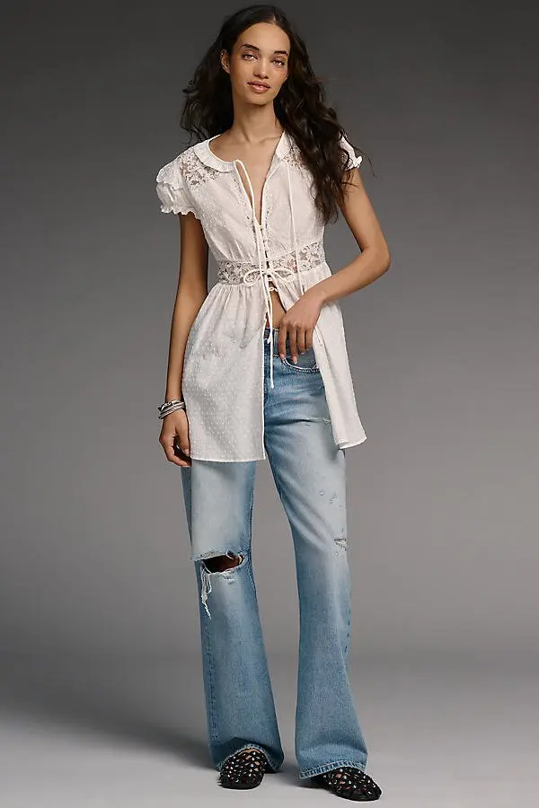 Anthropologie Short-sleeve Airy Embroidered Tunic Top