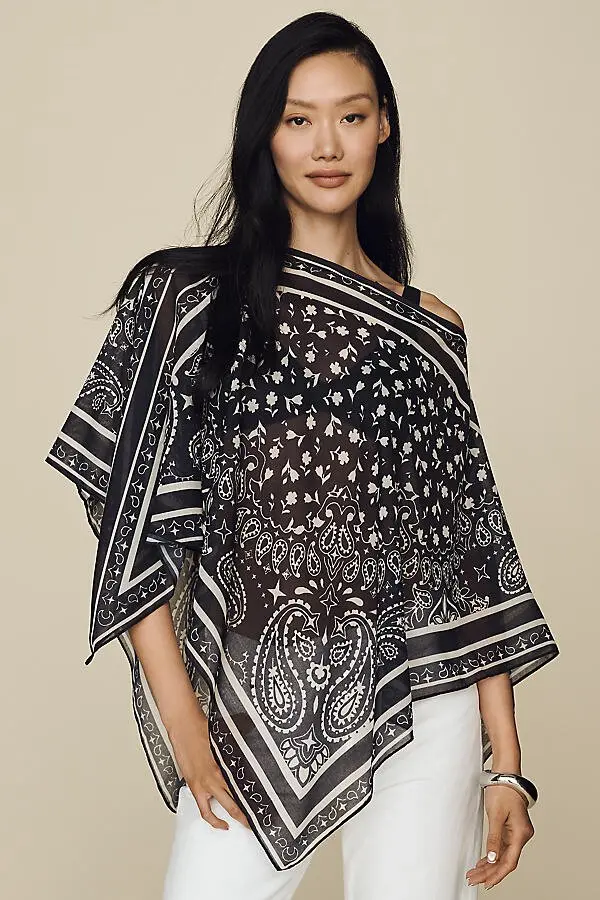 Anthropologie Printed Scarf Poncho Top - Black Pattern
