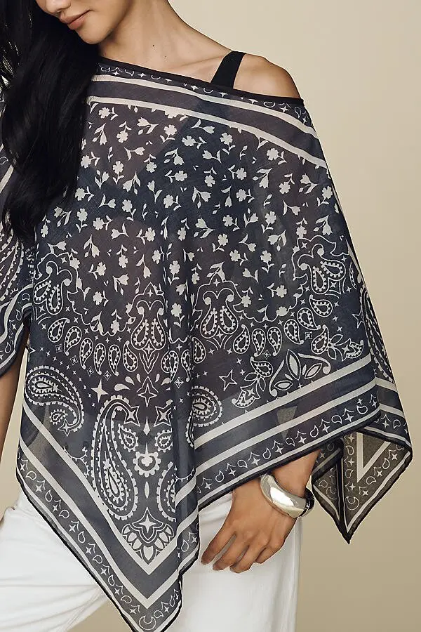 Anthropologie Printed Scarf Poncho Top - Black Pattern