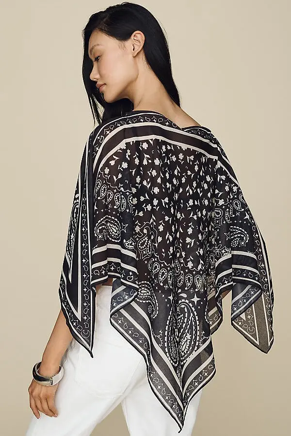 Anthropologie Printed Scarf Poncho Top - Black Pattern