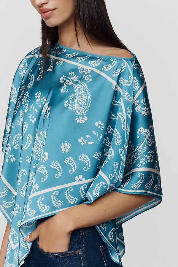 Anthropologie Printed Scarf Poncho Top - Blue/grey