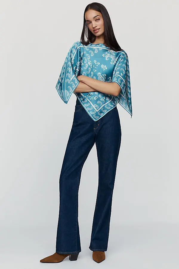 Anthropologie Printed Scarf Poncho Top - Blue/grey