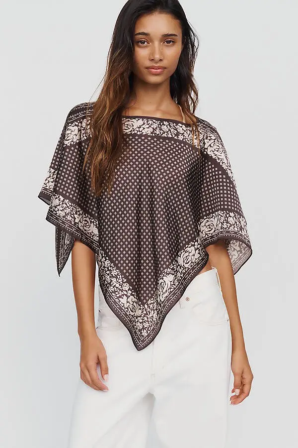 Anthropologie Printed Scarf Poncho Top - Chocolate