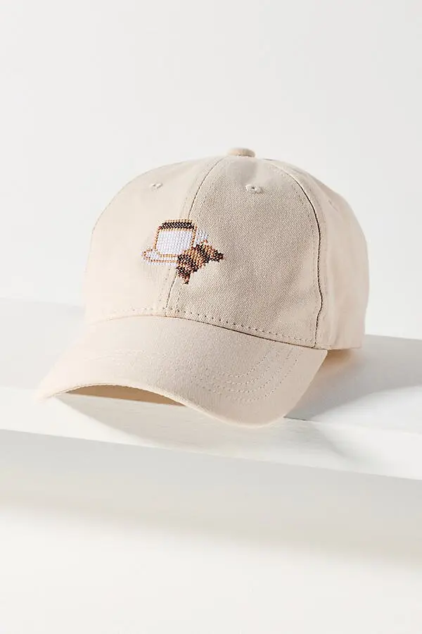 Anthropologie Strawberry Embroidered Baseball Cap - Coffee