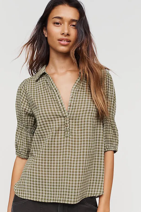 PILCRO Tallulah Puff Sleeve Buttondown Top - Green Plaid