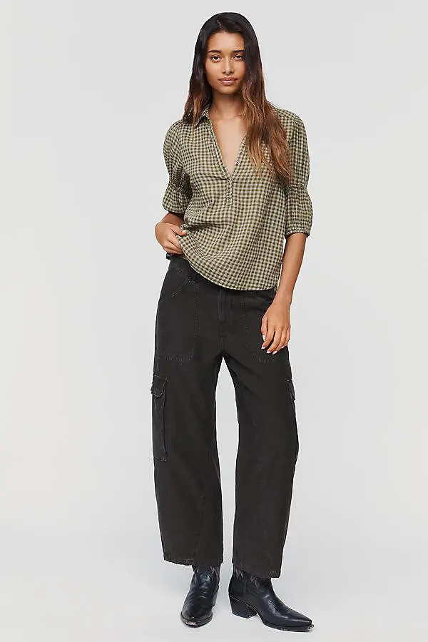 PILCRO Tallulah Puff Sleeve Buttondown Top - Green Plaid