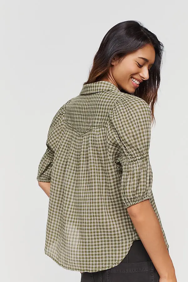 PILCRO Tallulah Puff Sleeve Buttondown Top - Green Plaid