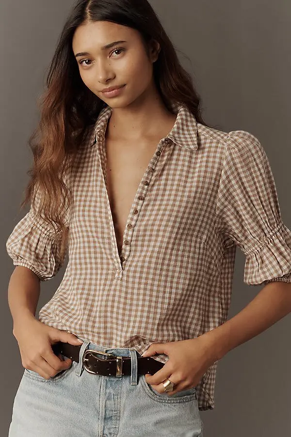 PILCRO Tallulah Puff Sleeve Buttondown Top - Tan