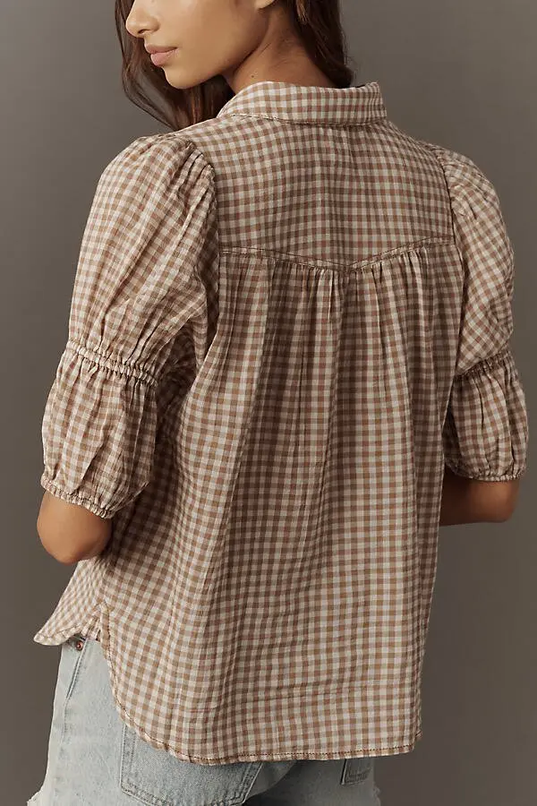 PILCRO Tallulah Puff Sleeve Buttondown Top - Tan