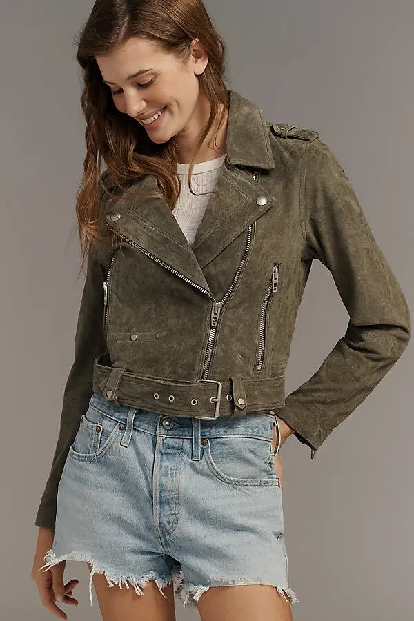 Blanknyc Cropped Suede Moto Jacket - Light Grey