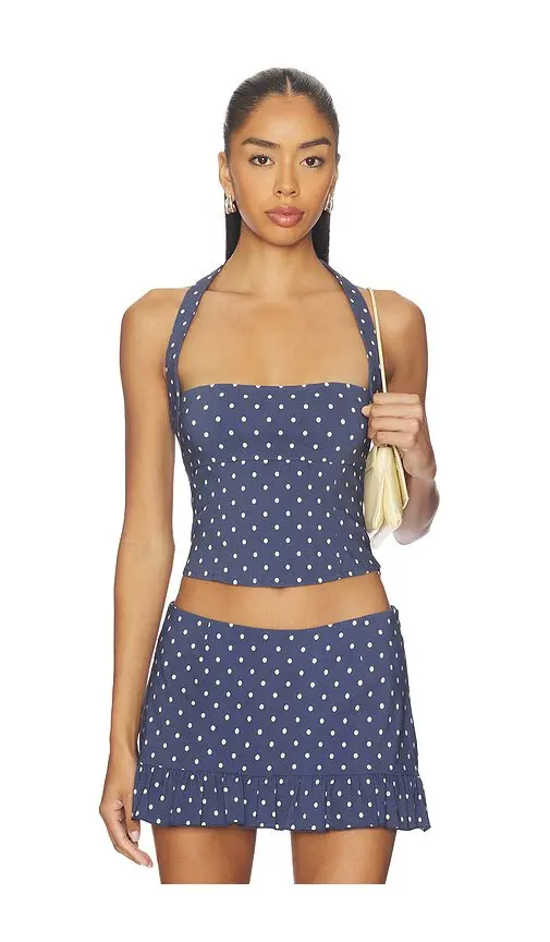 TIGER MIST Halter Tie Bustier Top With Button Closure - Navy