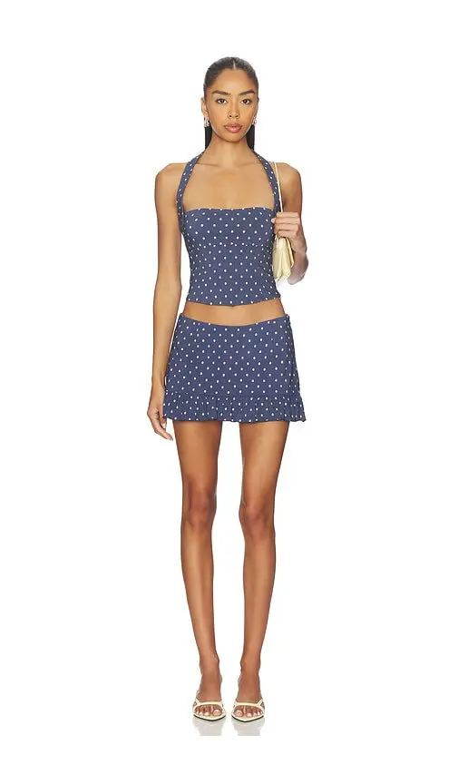 TIGER MIST Halter Tie Bustier Top With Button Closure - Navy