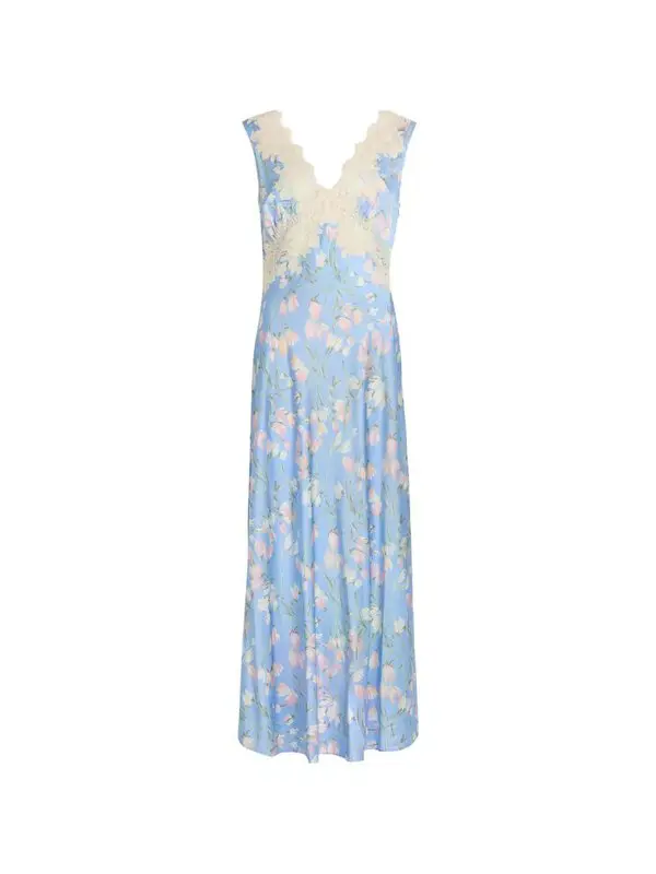Rixo Floral Print Lace Trim Midi Dress - Blue