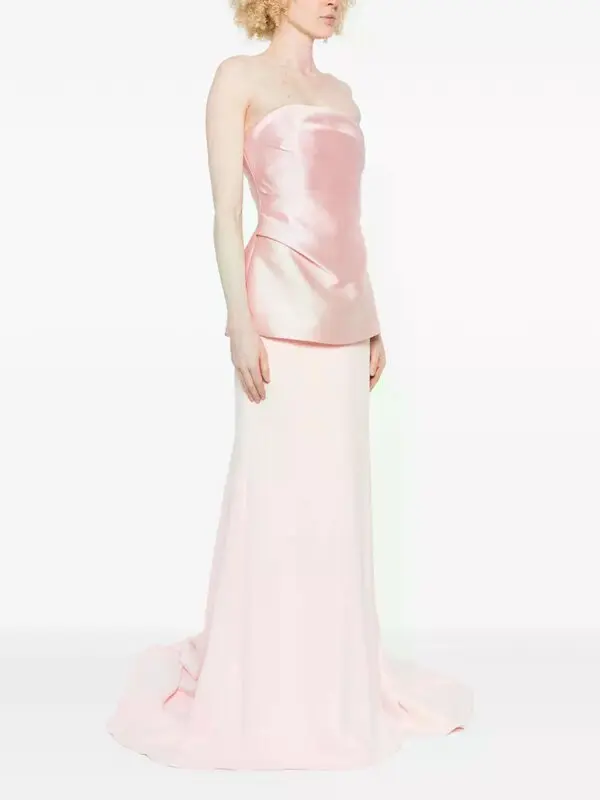 solace london pink strapless dress Solace London Strapless Satin Gown With Draped Waist