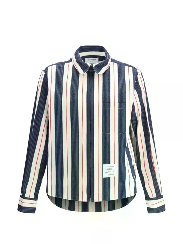 Thom Browne Striped Seersucker Zip Up Shirt - Blue