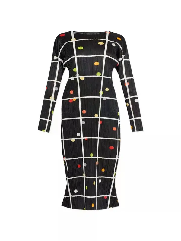 Issey Miyake Pleated Grid Print Dress - Black