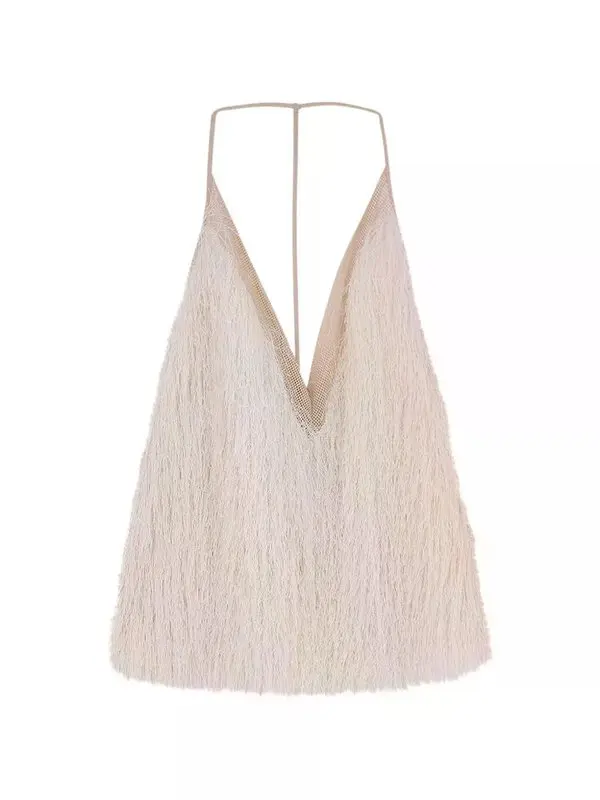 ALYSI Fringed V-neck Top - Neutrals