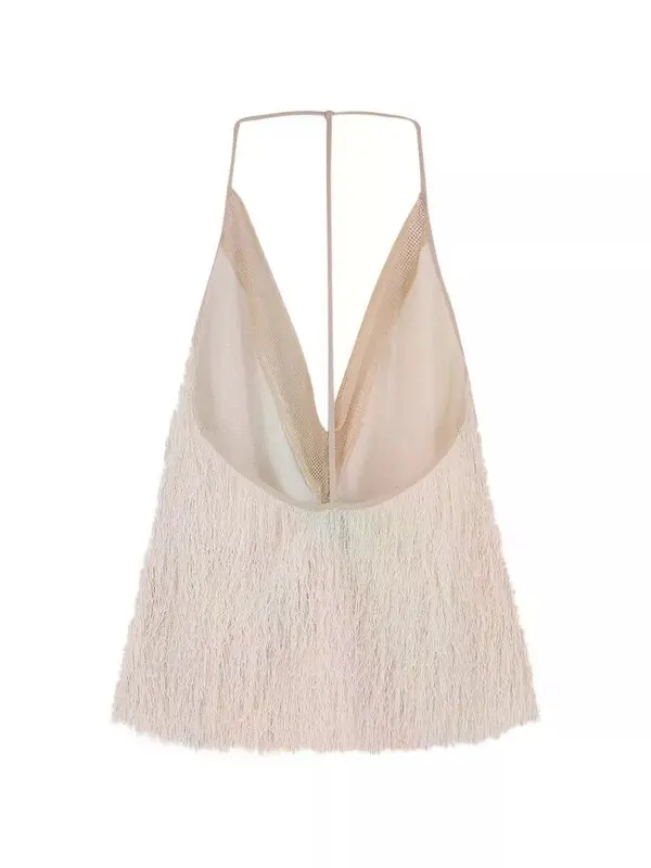 ALYSI Fringed V-neck Top - Neutrals