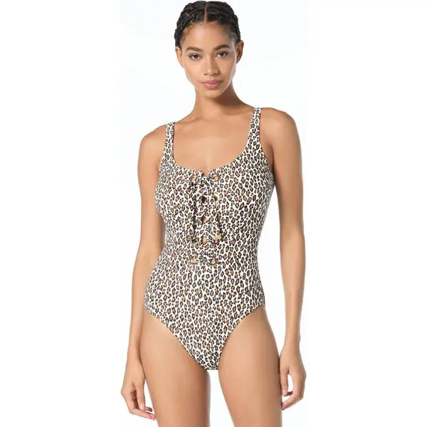 Michael Kors Leopard Lace Up One-piece Swimsuit - White Mlti