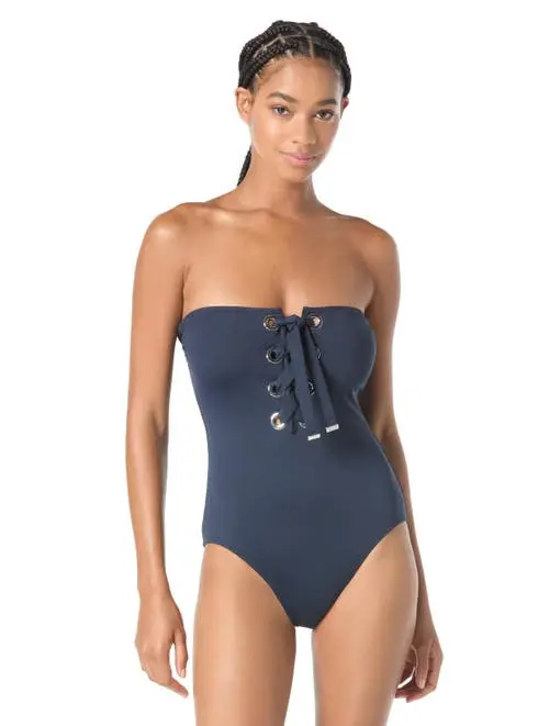 Michael Kors Grommet Lace Up Bandeau One-piece Swimsuit - New Navy