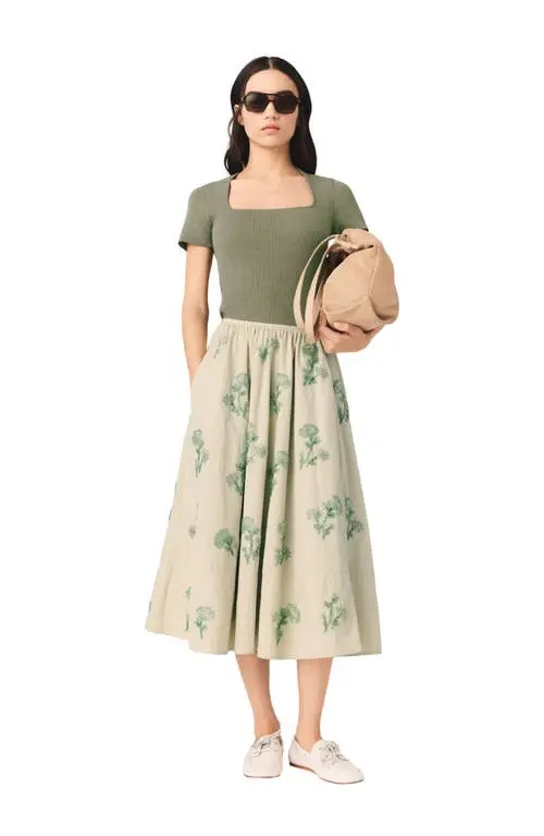 Maje Embroidered Technical Midi Skirt - Beige