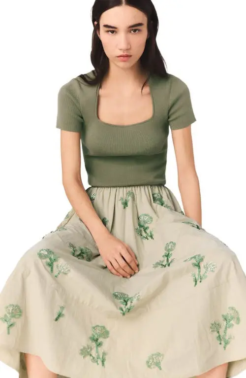 Maje Embroidered Technical Midi Skirt - Beige