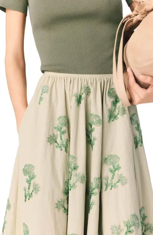 Maje Embroidered Technical Midi Skirt - Beige