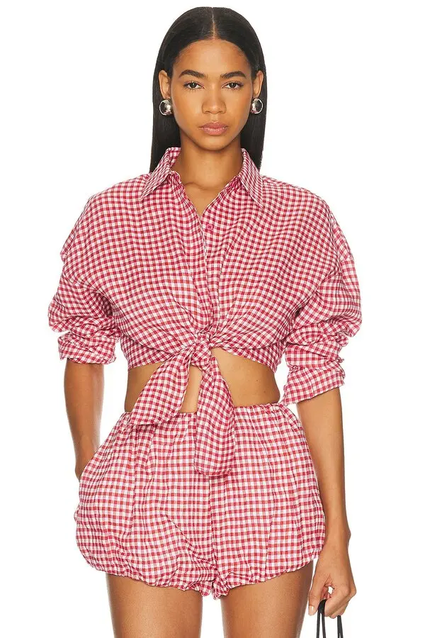 AEXAE Linen Tie Top Shirt - Gingham Red