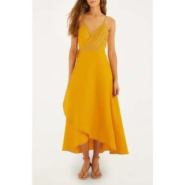 Farm Rio Bananas Embroidered Linen Maxi Wrap Dress - Yellow