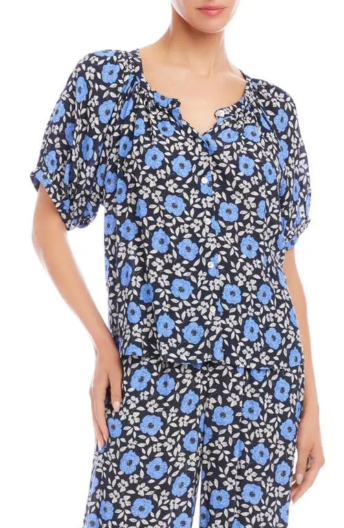 Karen Kane Floral Button-up Top - Blue Print