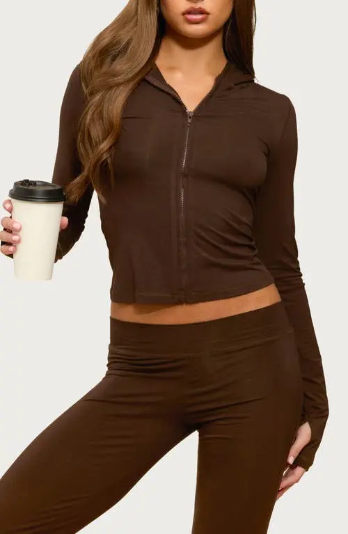 EDIKTED Callan Crop Zip Hoodie - Brown