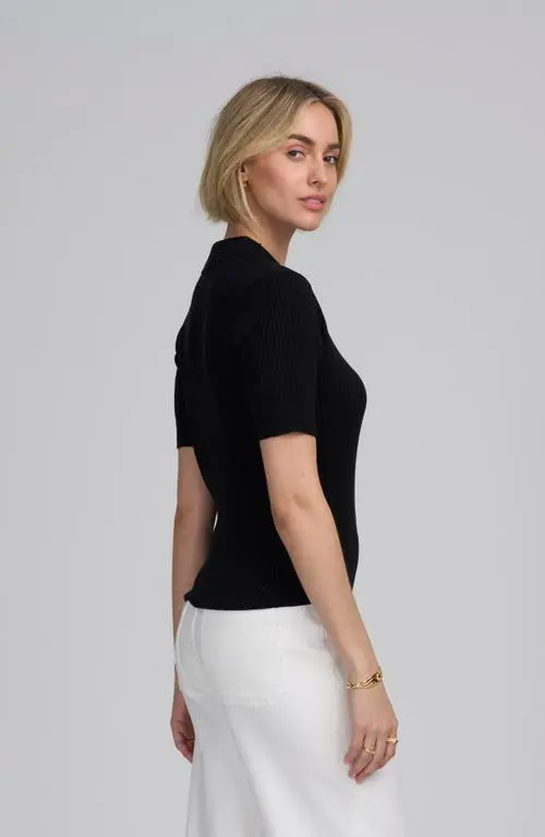 ELLE COLLECTION Fine Gauge Ribbed Henley Top - Black
