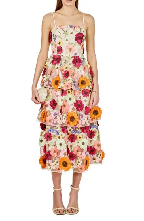 Endless Rose Embroidered Floral Tiered Dress - Beige
