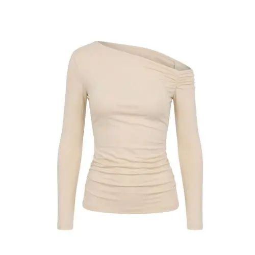 MONLICIA Lune Asymmetric Off-shoulder Long Sleeve Stretch Top - Ecru