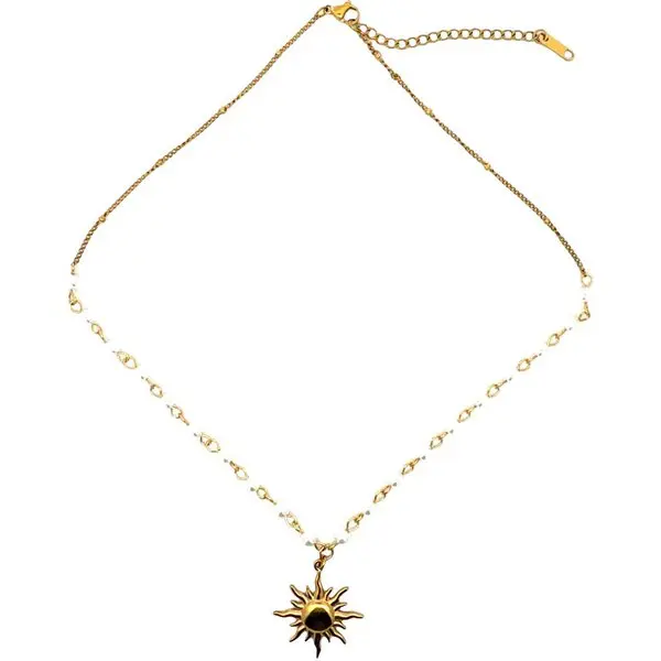GEMINI JEWELRY Sun Pendant Faux Pearl Station Necklace - Yellow