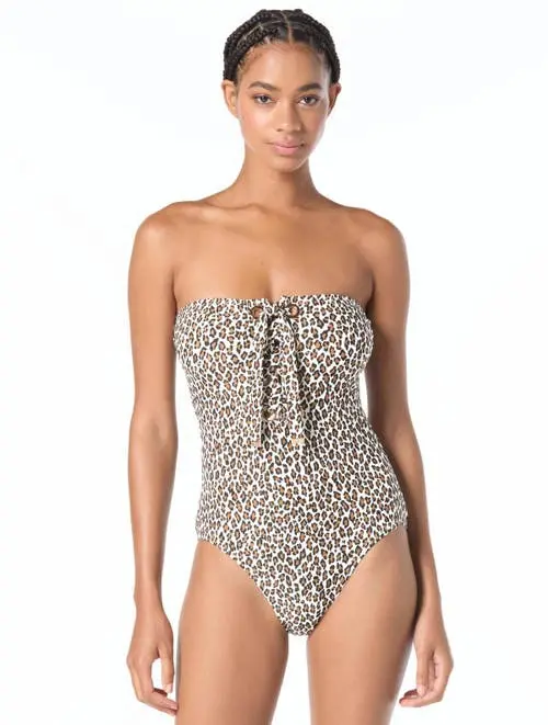 Michael Kors Leopard Bandeau Lace Up One-piece Swimsuit - White Mlti
