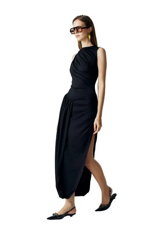 ATS Evel Draped Asymmetric Dress - Black