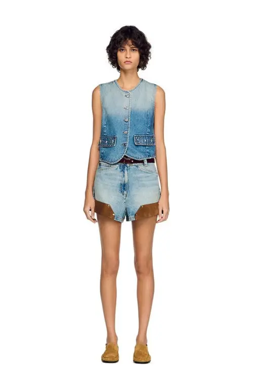Sandro Studded Cropped Denim Vest - Blue Jean