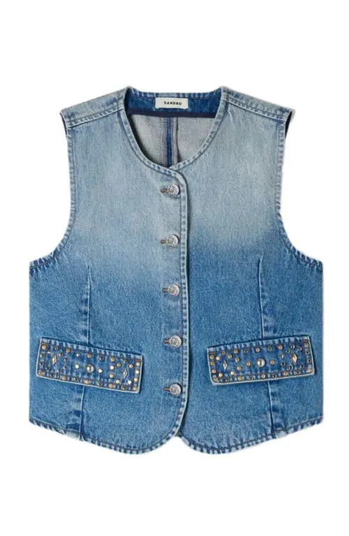 Sandro Studded Cropped Denim Vest