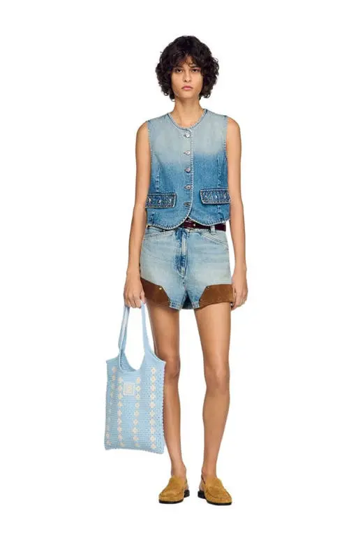 Sandro Studded Cropped Denim Vest
