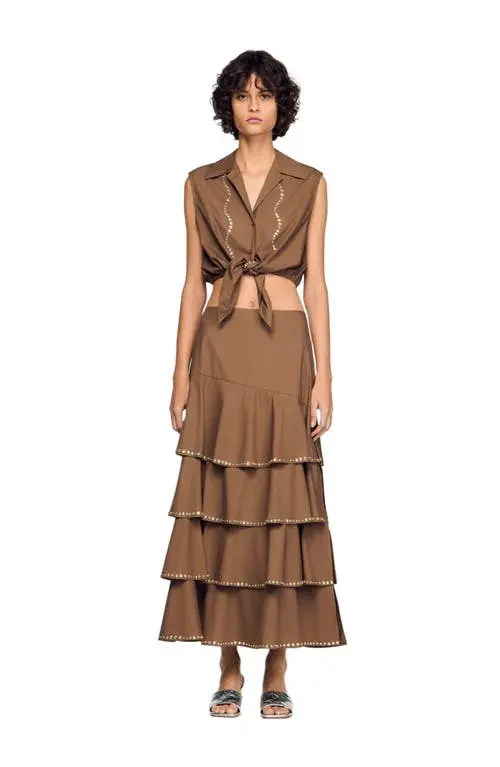Sandro Long Ruffled Rhinestone Skirt