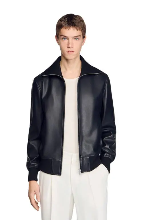 Sandro Zipped Leather Jacket - Black