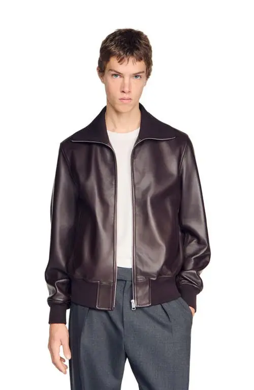 Sandro Zipped Leather Jacket - Chocolate