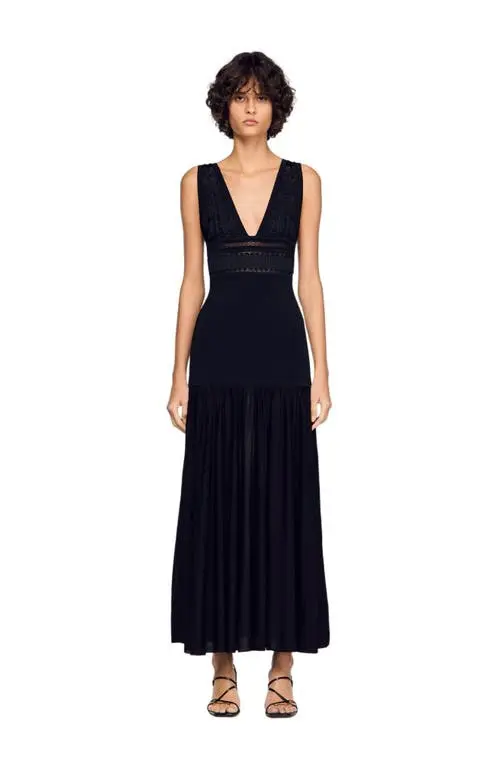 Sandro Flared Knit Maxi Dress With Ruffled Skirt