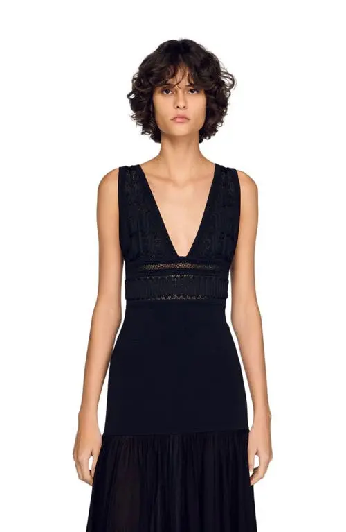 Sandro Flared Knit Maxi Dress With Ruffled Skirt