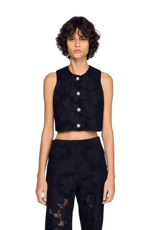 Sandro Embroidered Guipure Crop Top