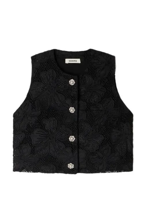Sandro Embroidered Guipure Crop Top