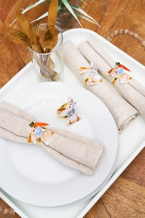 C&F HOME Easter Rabbit Holding Carrot Decorative Set Of 4 Gold Napkin Rings