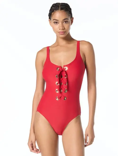 Michael Kors Grommet Lace-up One-piece Swimsuit - Red